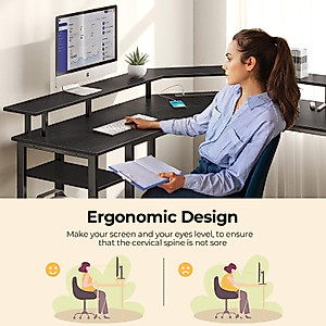 Rolanstar L Shaped Gaming Desk with LED Lights & Power Outlets, 56" Computer Desk with Full Monitor Stand & Storage Shelf, Corner Desk with Hooks, Black Desk Reversible