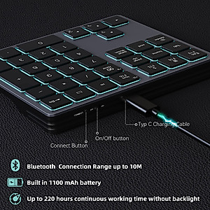 Doohoeek Backlit Bluetooth Numeric Keypad for Laptops and Computers, Number Pads 34 Keys with 7-Color Backlight for MacBook & Windows, Gray
