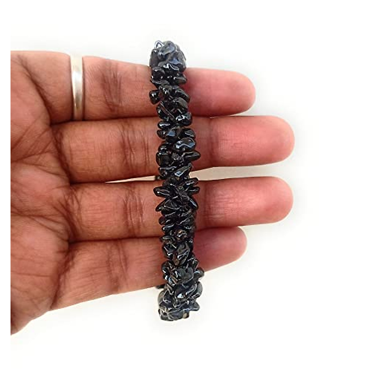 Natural Black Spinel Nuggets Chips Rope Stretchable bracelet, Spinel Nuggets Chips Braided, 7 Inch, Adjustable (2)