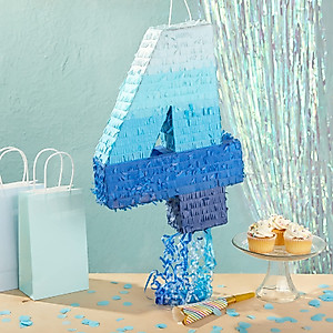BLUE PANDA Number 4 Pull String Pinata for Boys, 4th Birthday Party Decorations, Ombre Blue (16.5 x 12 x 3 In)