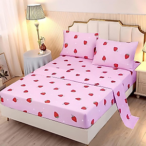 SDY 4PCS Strawberry Bedding Sheets,Queen Size Red and Pink Strawberry Print Sheet Set with 1 Kawaii Top Flat Sheet + 1 Deep Pocket Fitted Sheet + 2 Pillowcases for Teen Girls