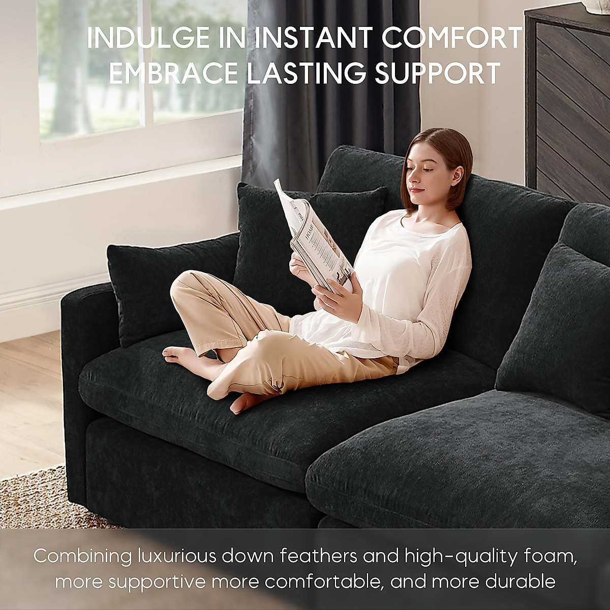 Yoglad Modern Oversized Modular Sectional Sofa Set with Down Feathers, L-Shaped Chenille Upholstered Couch with Ottoman and 10 Pillows for Living Room or Apartment (Black)