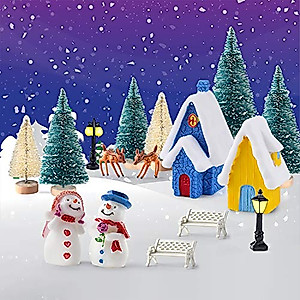 PLULON 33Pcs Mini Christmas Village Accessories, Christmas Trees Bottle Brush Trees with Miniature Christmas Ornaments Snowman, Mini Garden Street Lamps, Deer for Winter Holiday Village Decorations