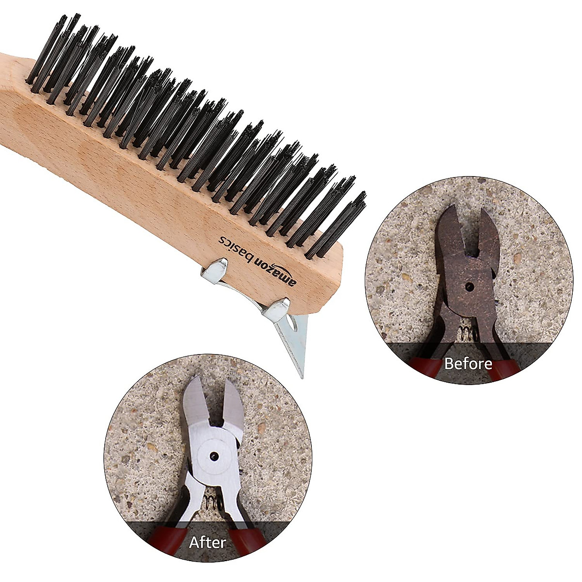 Amazon Basics Wire Scratch Brush with Scraper, Count of 2, Wood Natural Color, 10"L x 1.7"W