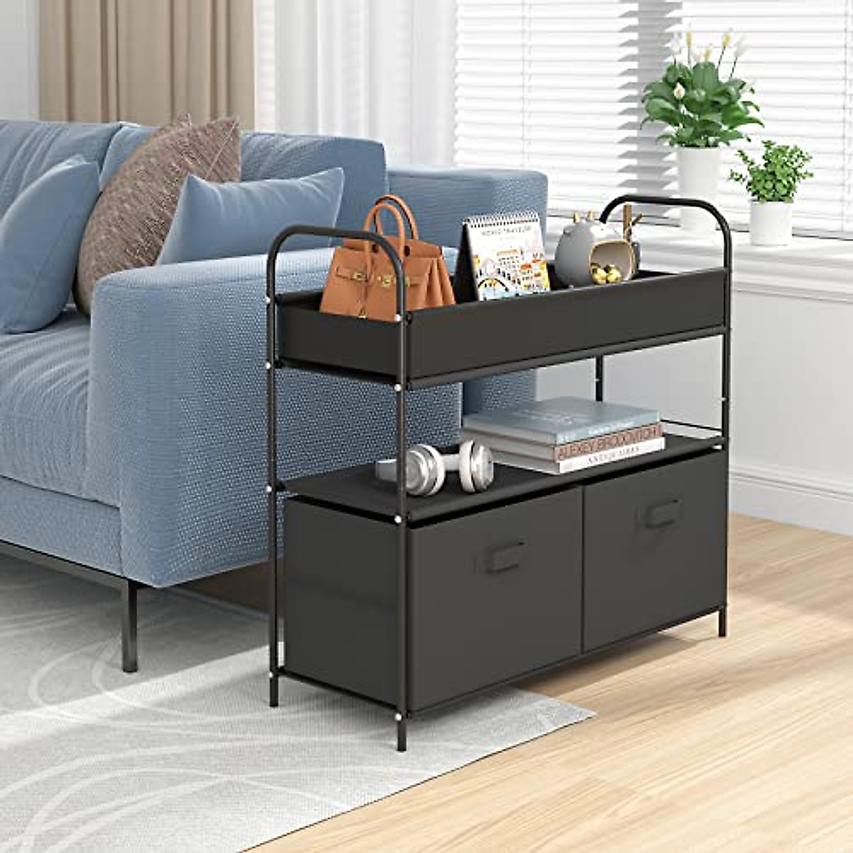 Sywhitta 3-Tier Closet Storage Organizer, Shelves with 2 Foldable Cubes, Multi-Functional Metal Rack, Black