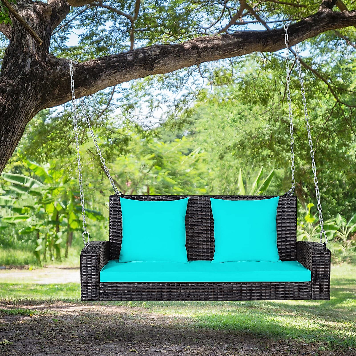 UJOYPAYD Hanging Porch Swing Bench,Heavy Duty 800 LBS 2-Person Rattan Swing Chair with Soft Cushions,Metal Frame Wicker Swing Bench,7.9ft Reinforced Steel Chain for Deck, Backyard, Garden (Turquoise)