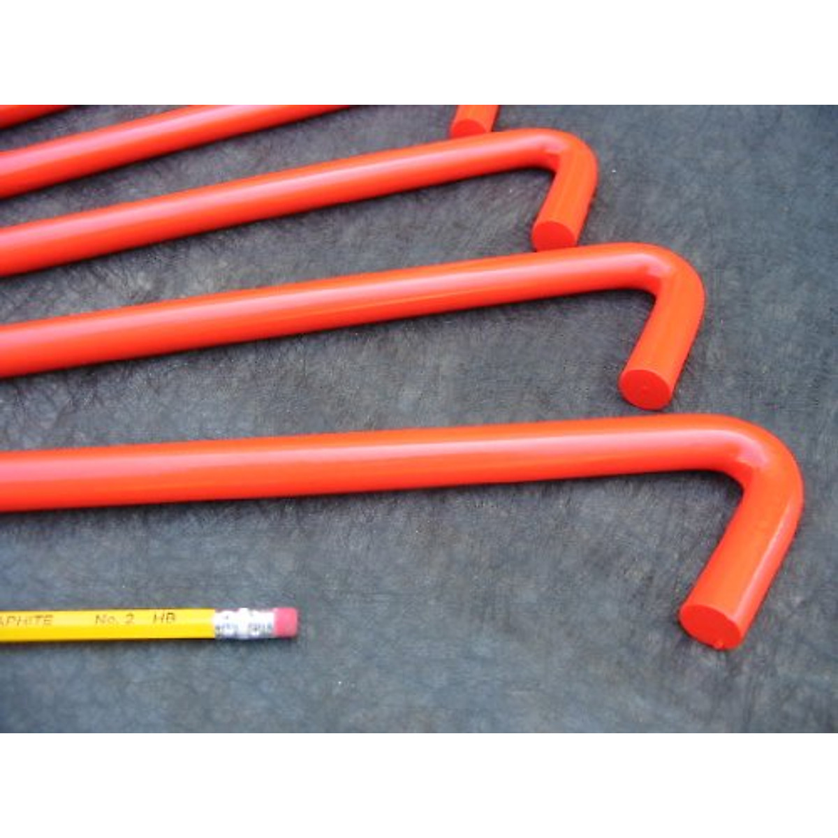 A 24 Pack of Steel Hook Stakes.18" long.Coated with Safety Orange Enamel