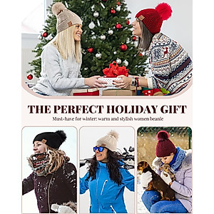 Alepo Womens Winter Beanie Hat, Warm Fleece Lined Knitted Soft Ski Cuff Cap with Pom Pom(Black+Oatmeal)