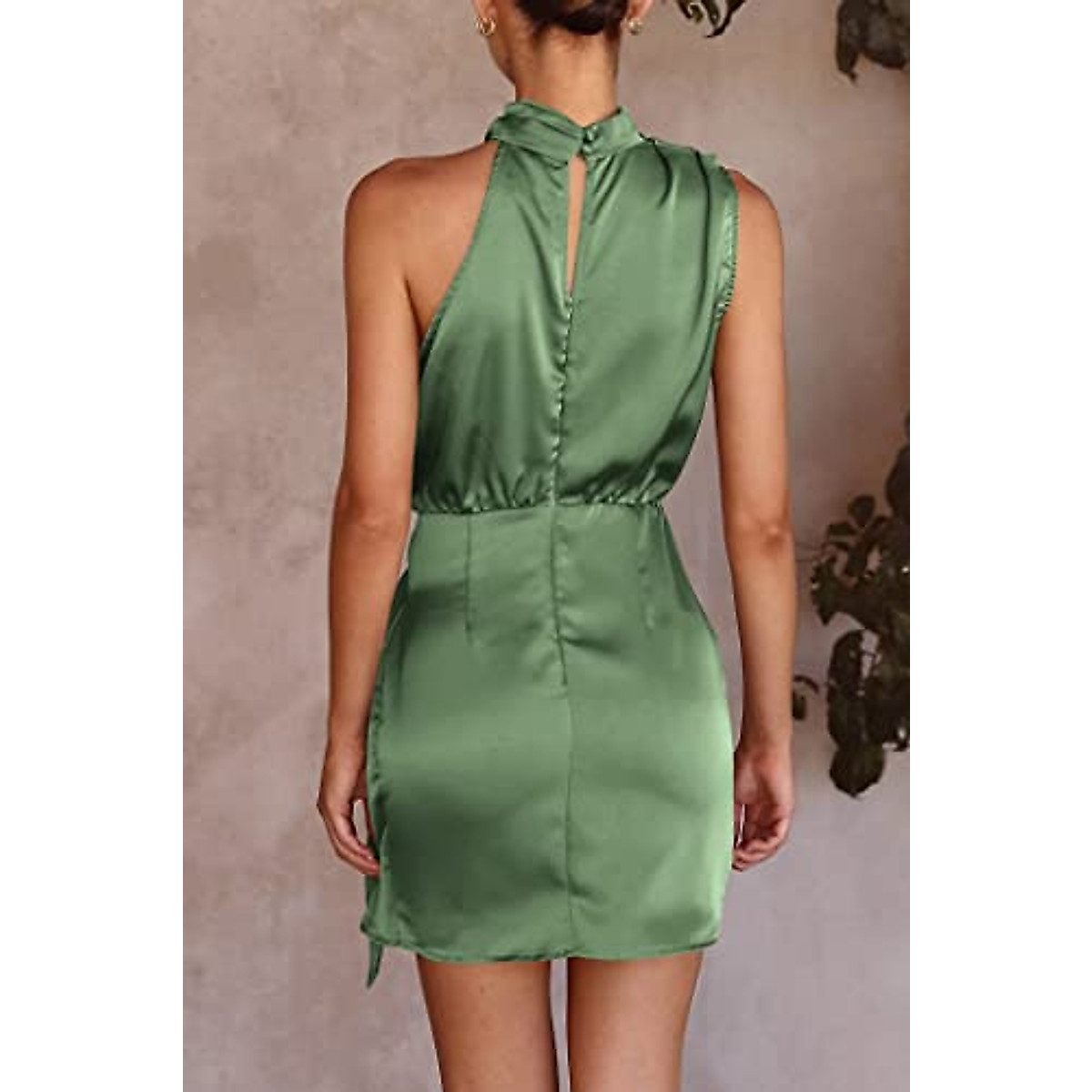 PRETTYGARDEN Women's Short Formal Satin Dress 2023 Summer Sleeveless Mock Neck Tie Waist Cocktail Party Dresses (Army Green,Small)