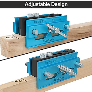 SUNCONY Doweling Jig Self Centering Kit,Biscuit Joiner Woodworking Dowel Jig Tool for Straight Holes, Drilling Jig With 6 Bushings, Ajustable Width Drilling Guide Power Tool Accessory Jigs (Blue)