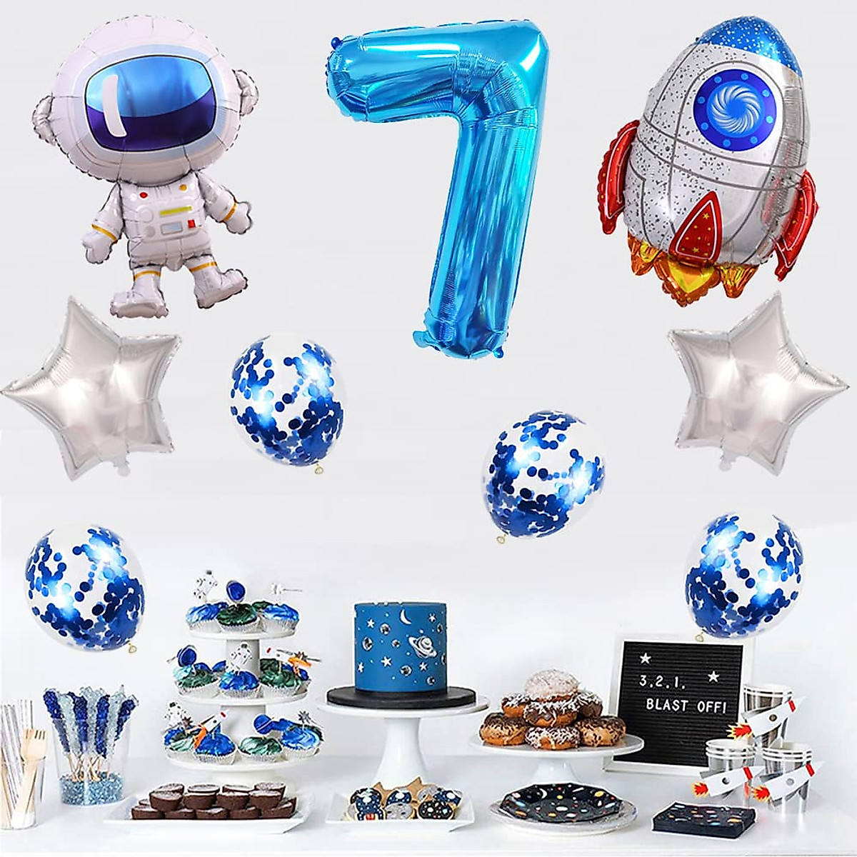 Kawailay Astronaut Rocket 7th Birthday Party Balloons Jumbo Spaceman Birthday Balloons Outer Space Theme Foil Balloons 32 Inch Blue Number 7 Helium Balloon for Birthday Party