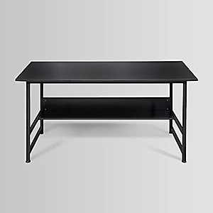 MASAKA B&W Study Computer Desk for Writing Room, 55" Home Office Desk with Wooden Storage Shelf, 2-Tier Wood Top Office Table with Metal