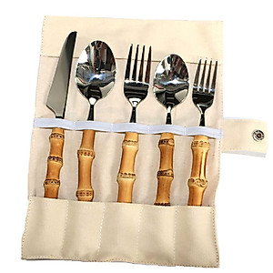 JUSTEMI Bamboo Silverware Set,Natural Bamboo Flatware,Bamboo Handle Cutlery and Utensil Set,18/8 304 Stainless Steel 1 set 5 PCS