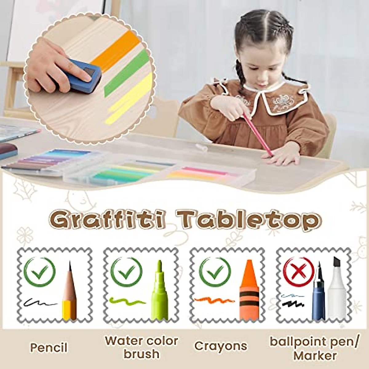 Syunoo Kids Table and Chairs Set, 49''x25'' Toddler Table and 4 Chairs Set, Height-Adjustable Toddler Desk for Boys&Girls Ages 2-8, Graffiti Child's Desk for Study Room, Classroom