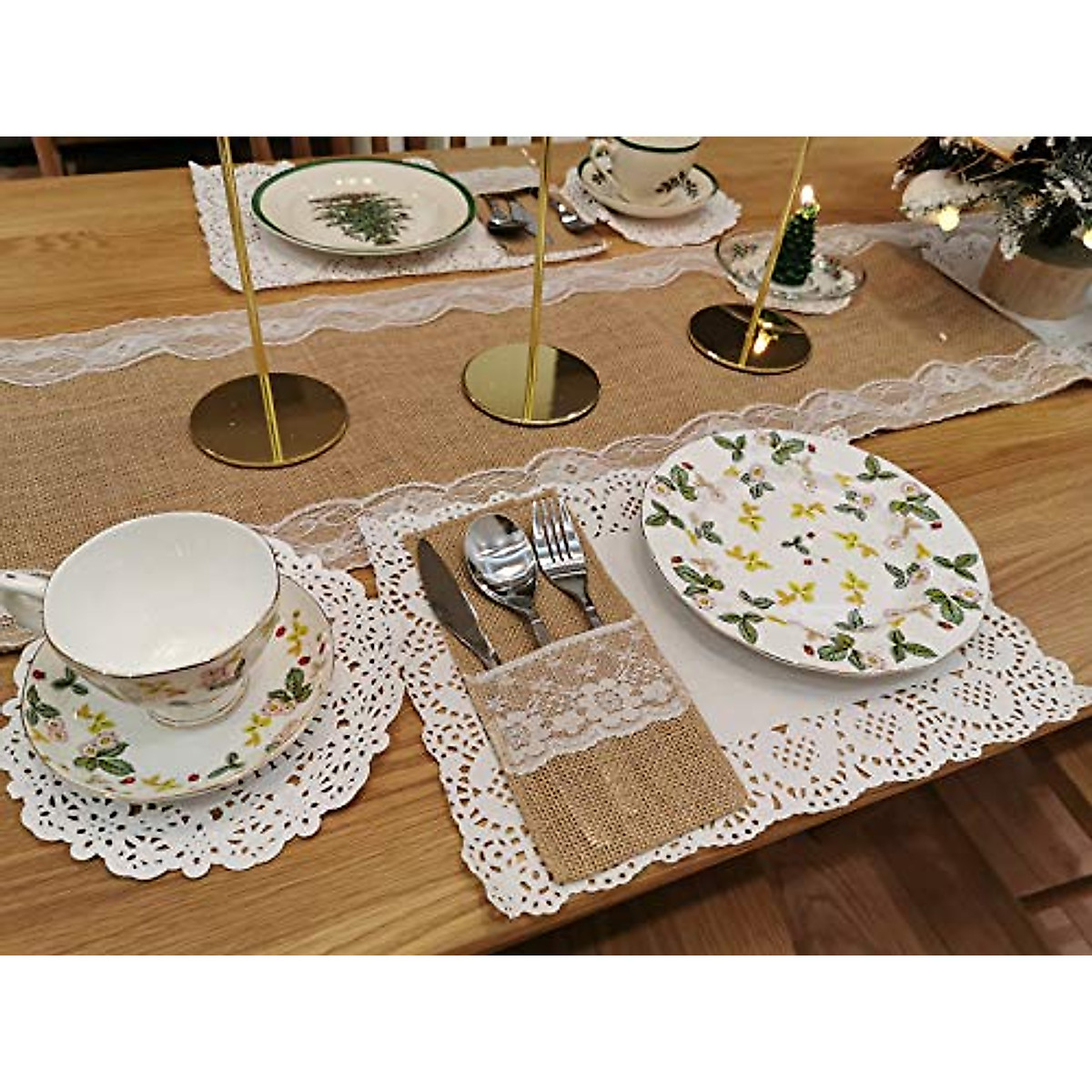 Lucky Monet 50PCS 4 x 8Inch Natural Burlap Lace Silverware Bag Utensil Holder Cutlery Pouch Hessian Knife Fork Tableware Bags for Wedding Party Restaurant Decoration (50PCS)