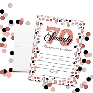 Amanda Creation Confetti Rose Gold Polka Dot 70th Birthday Party Invitations, 20 5x7 Fill-In Cards with Twenty White Envelopes