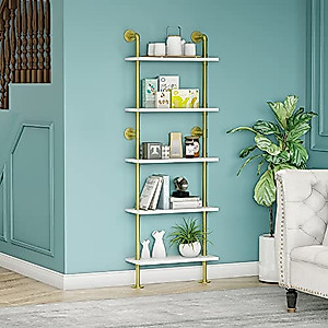 MAIKAILUN 5 Tier 67inch Gold Bookshelf, White and Gold Shelves, Modern Shelves Shelf Bookcase Metal Mid Century Open Industrial Wall Mount Accents Decor Retail Shelving Vertical for Living Room
