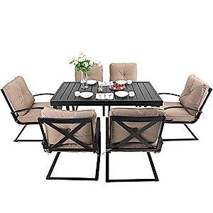 MFSTUDIO 7PCS Outdoor Patio Dining Set, 6 Spring Motion Chairs with Cushion, 1 Rectangular Expandable Table, Porch Lawn Backyard Garden Furniture Sets, Beige