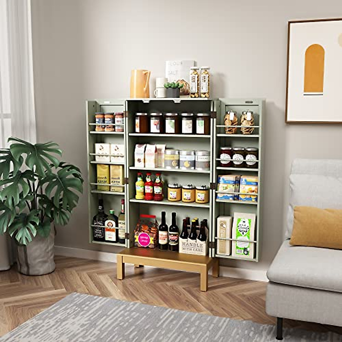 HOLTICO 45'' Kitchen Pantry Cabinet,Storage Cabinet with Doors and Adjustable Shelves,Food Pantry Cabinet for Kitchen,Dining Room,Living Room and Garage,Gold Lines and Legs,Green Cabinet.