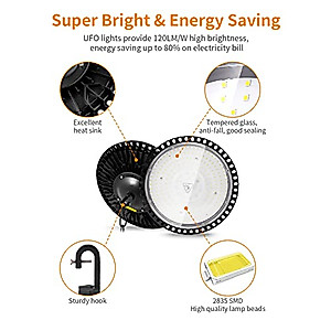 LED High Bay Light, 200W UFO LED High Bay Lights, 24000LM 5000K LED Shop Lights with US Plug 5' Cable Bay Lights, IP65 Warehouse Light, Area Light Bay Lighting for Shop Garage Barn Warehouse Workshop