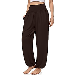 UEU Women's Harem Casual Loose Pants Yoga Sweatpants Flowy High Waisted Lounge Comfy Pajama Joggers with Pockets DarkCoffee L