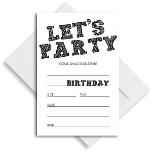 Simple Black and White Birthday Invitations, Birthday Invitations for Boys Teens Kids Girls, Birthday Invitations, Birthday Party Invitations. (Let's Party(020))
