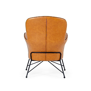 Benjara 35 Inch Accent Chair, Brown Faux Leather, Stitched Details, Metal Legs, Gray