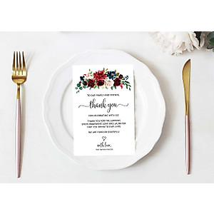 50 Burgundy Marsala Navy Thank You Place Cards, Wedding, Rehearsal Dinner Thank You Table Sign, Menu Place Setting Card Notes, Placement Thank You Note Favors For Family & Guests (50-cards)