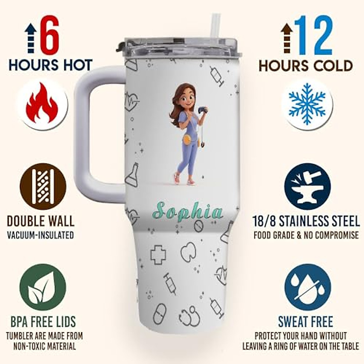 Personalized Nurse Tumbler 40oz -nurse medical video game developer-Custom Name Insulated Travel Mug with Handle & Straw, Gift for Nurses, Medical Workers, Appreciation, Mother's Day eW8dg4