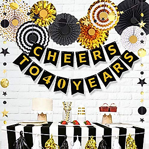 40th Birthday Decorations, 40th Birthday Decorations for Men Women, Cheers to 40 Years Banner Gold Black Party Paper Fan Star Circle Garland for 40th Anniversary 40 Years Old Party Supplies