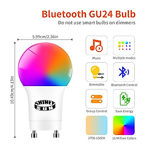 Sunshiney Twist in Light Bulb, A19 GU24 12W 1200LM Smart Bluetooth 2 Prong Led Lightbulb, 2700K-6500K Dimmable Music Sync RGBCW Color Changing Led Lightbulbs, APP Control, 4Pack