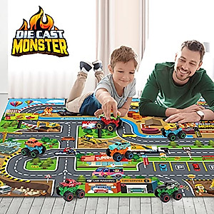 Oriate Monster Trucks Playset for Boys, Include 6 Pack Chaos Diecast Monster Toy Vehicle Truck w/ 47"x 31" Activity Play Mat, Kids Mini Car Set for Kids Gifts Style2