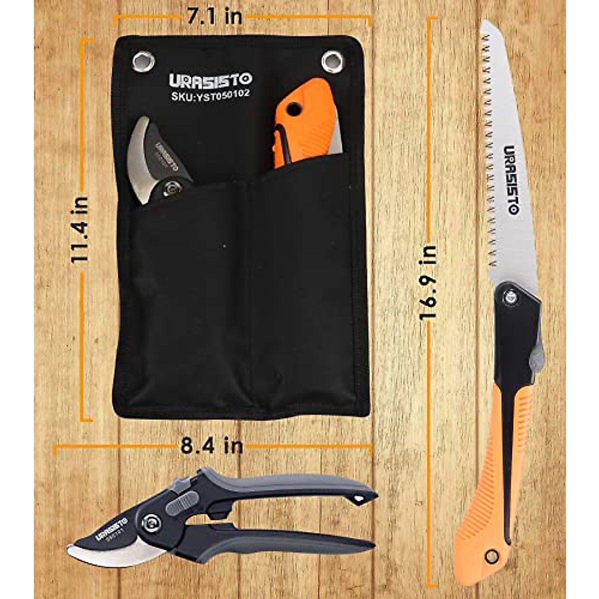 Garden Tool Set URASISTO Folding Saw, Garden Pruning Shears,Gardening Tool Kit with Roll Up Carry Bag Included, Ideal Garden Tool Kit Gifts for Women and Men
