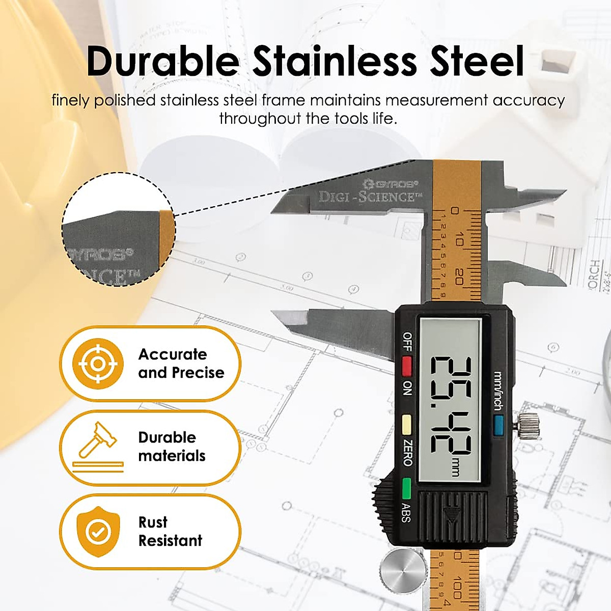 Digital Caliper Measuring Tool – 6 Inch Stainless Steel Micrometer Caliper - ABS + Auto-Off Feature - Inch/MM Conversion and Large LCD Screen – Electronic Vernier Calipers 2 Batteries Included - Gyros