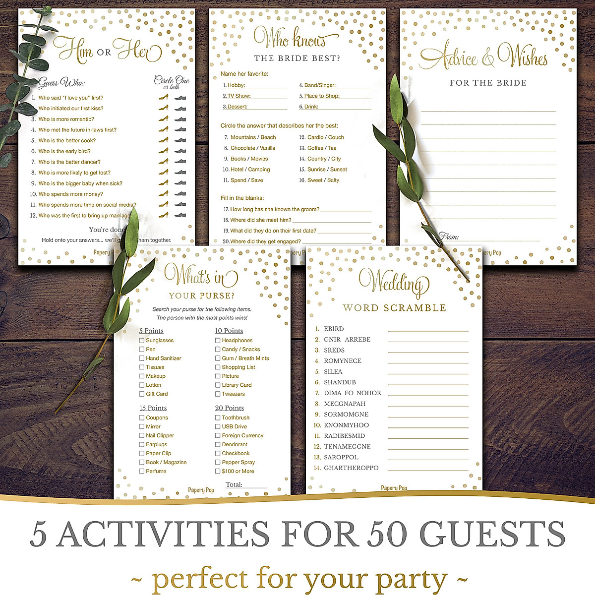Bridal Shower Games - 5 Activities for 50 Guests - Double Sided Games - Gold Polka Dots