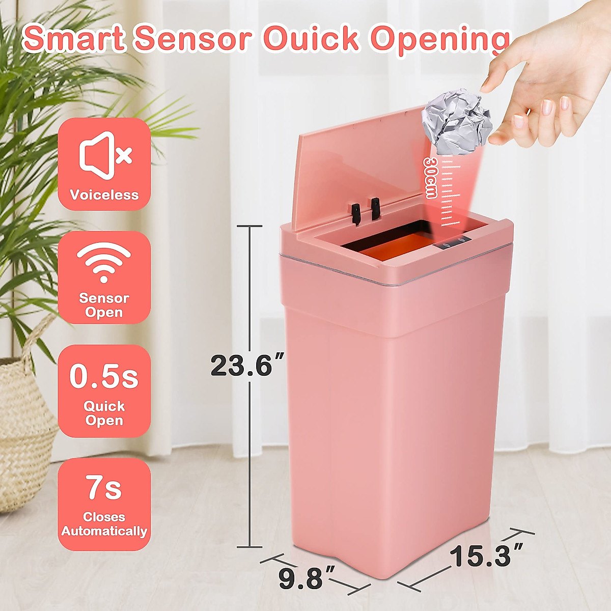 13 Gallon 50 Liter Kitchen Trash Can with Touch-Free & Motion Sensor Lid, Automatic Plastic Garbage Can, Touchless Trash Bin Automatic Trash Can for Bedroom Bathroom Home Office