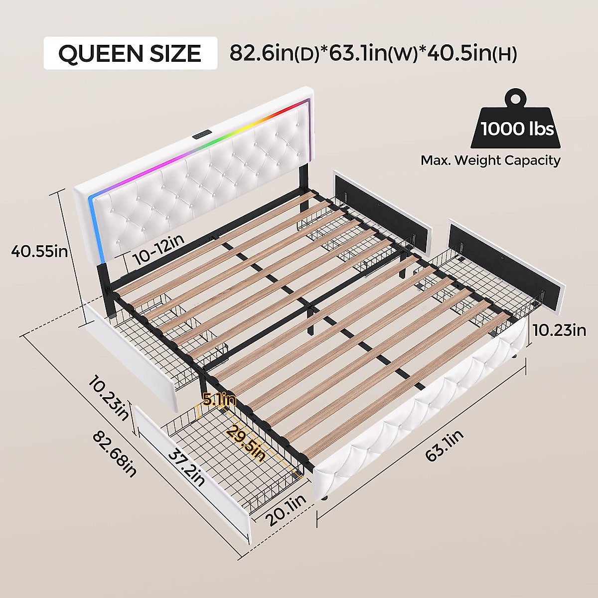 Queen Bed Frame with Adjustable LED Headboard White, Upholstered Metal Platform Bed Frame with 4 Under Bed Storage Drawers on Wheels and Charging Station, No Box Spring Needed, Easy Assembly