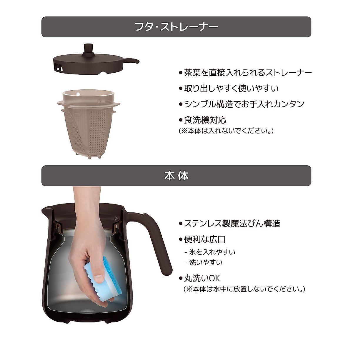 Thermos TTE-700 BW Vacuum Insulated Teapot with Strainer 23.7 fl oz (700 ml), Brown