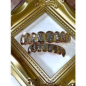 Shop-iGold 18k Gold Silver Two Tone Plated Cluster Custom Slugs Fangs Top Bottom Diamond Cut Grillz Mouth Teeth Grills Set - Grillz, Teeth Cap