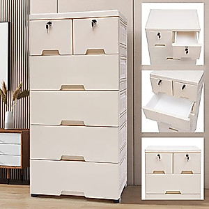 Hteedy 6 Drawer Dresser PP Cabinet Movable Storage Tall Closet Lockable Bedroom Cupboard Tower Closet Drawers Tall Dresser Organizer for Clothes Beige Color