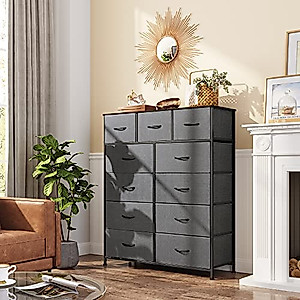 WLIVE 11-Drawer Dresser, Fabric Storage Tower for Bedroom, Hallway, Nursery, Closets, Tall Chest Organizer Unit with Textured Print Fabric Bins, Steel Frame, Wood Top, Easy Pull Handle, Dark Grey