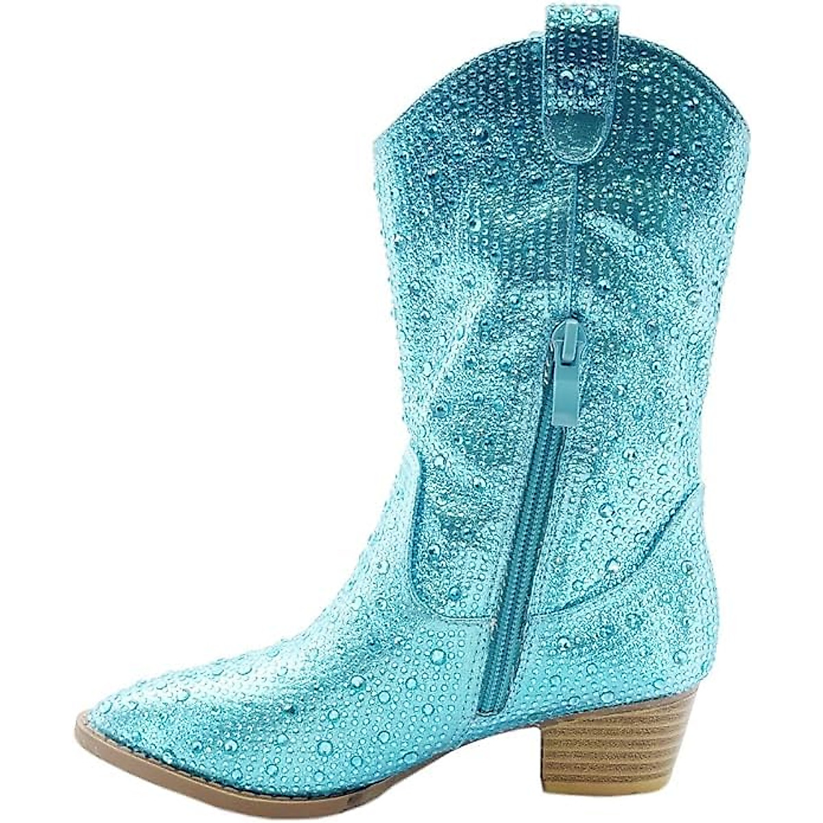 Forever Girls/Kids Rhinestone Western Cowgirl Cowboy Pointed Toe Low Heel Boots River-11K Blue 2