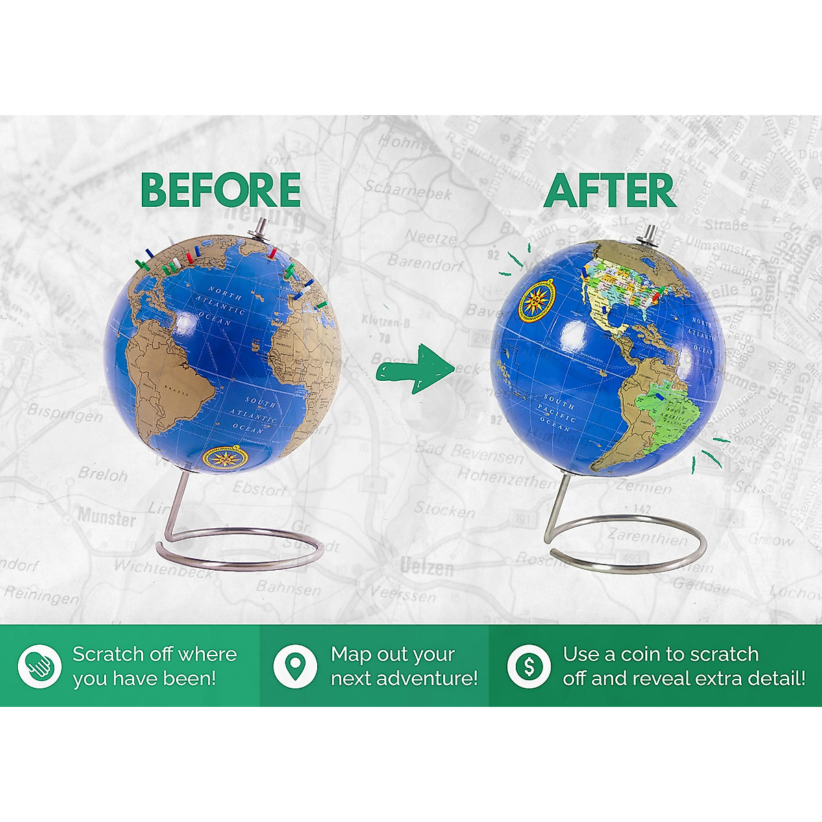 Bullseye Office - Magnetic Scratch Off World Globe (Lacquer Finish) - 10" Magnetic Standing World Globe with Magnetic Pins - Perfect as Office Desk Globe, Classroom Globe, or Travelers Globe (Blue)