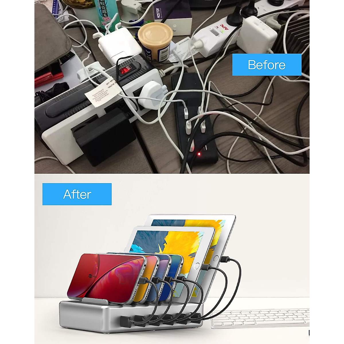 Charging Station for Multiple Devices - 6 Port Fast Charging Station for iPhone iPad Android and Tablet - Multi Charging Station - Phone Charging Station with 6 Mixed Cables Included(UL Certified)