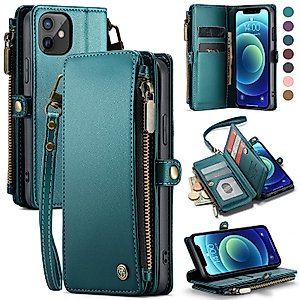 Defencase for iPhone 12/12 Pro Case, RFID Blocking for iPhone 12 Wallet Case for Women with Card Holder, Zipper Magnetic Flip PU Leather Strap Protective Cover for iPhone 12/Pro Phone Case, Blue Green