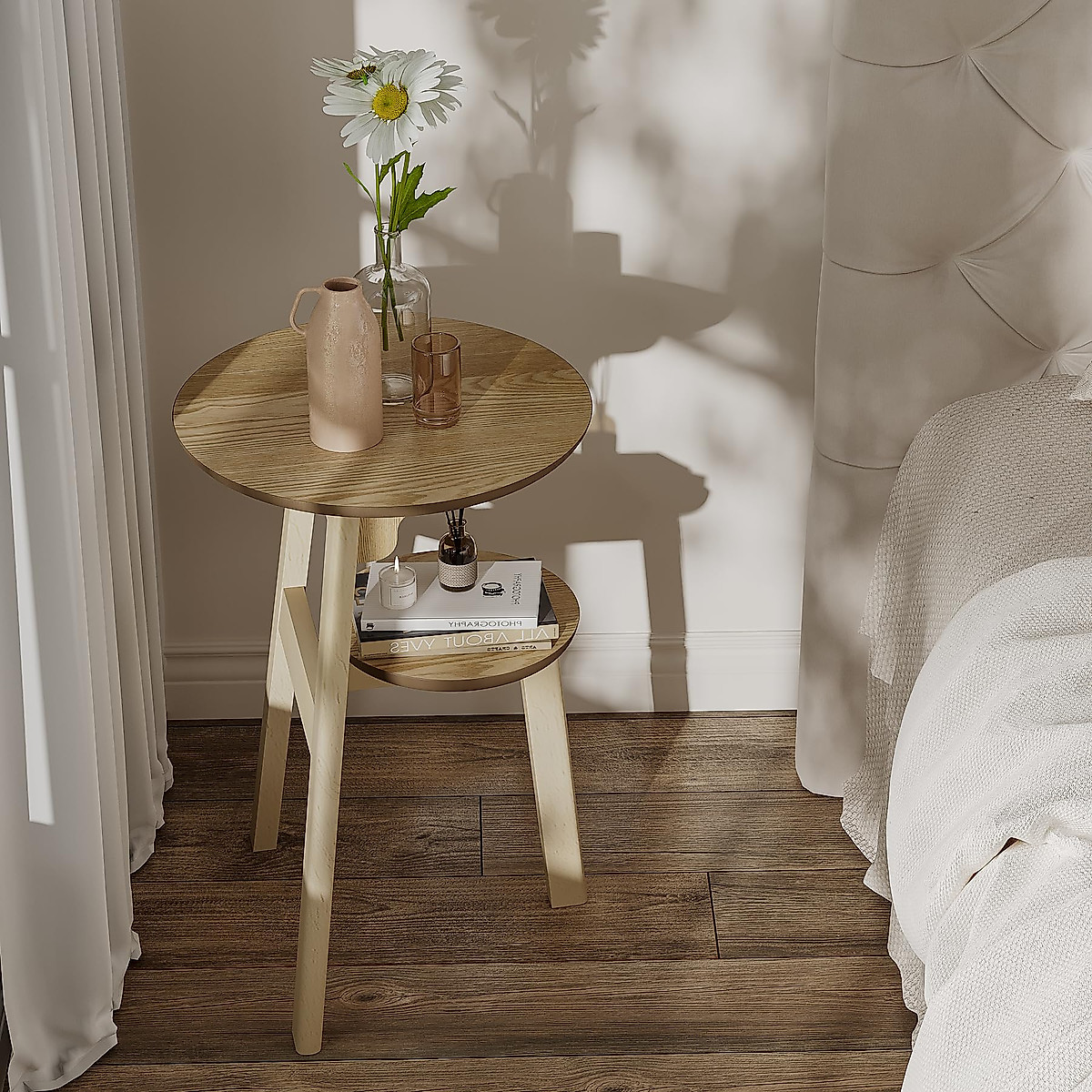 ChooChoo Round End Table Set of 2, Narrow Side Table for Small Spaces, Accent Table Night Stand with 2 Tier Shelf for Bedroom and Living Room, Natural