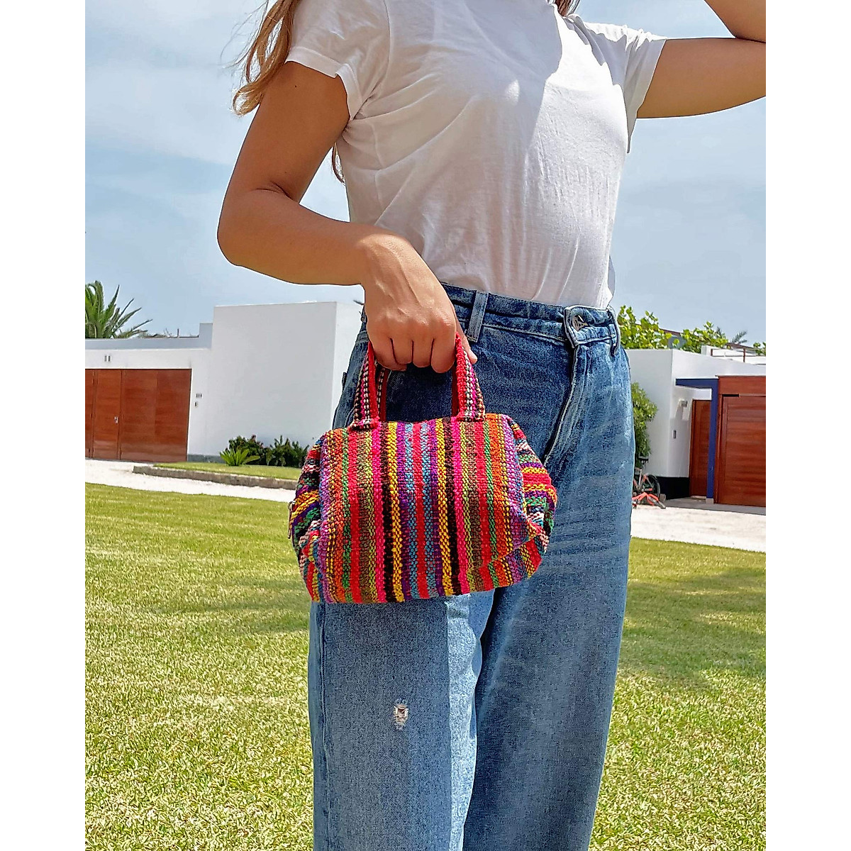 TINKUY PERU Woven Purse, Multicolored Rainbow Handmade Purse, Peruvian Boho Chic Bag Small Handbags For Women, (Red)