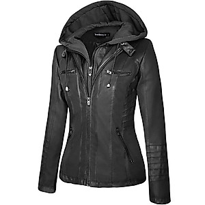 Newbestyle Womens Hooded Faux Leather Moto Biker Short Jacket Quilted Zip Up Coats Black L
