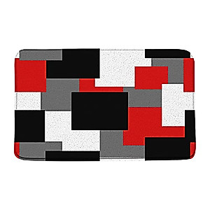 FEIERMAN Red Black Bath Mat White Gray Abstract Geometry Pattern Microfiber Memory Foam Bathroom Decor Mat Not Easy to Slide Backing 17.8X 29.5 Inch/45x 75cm