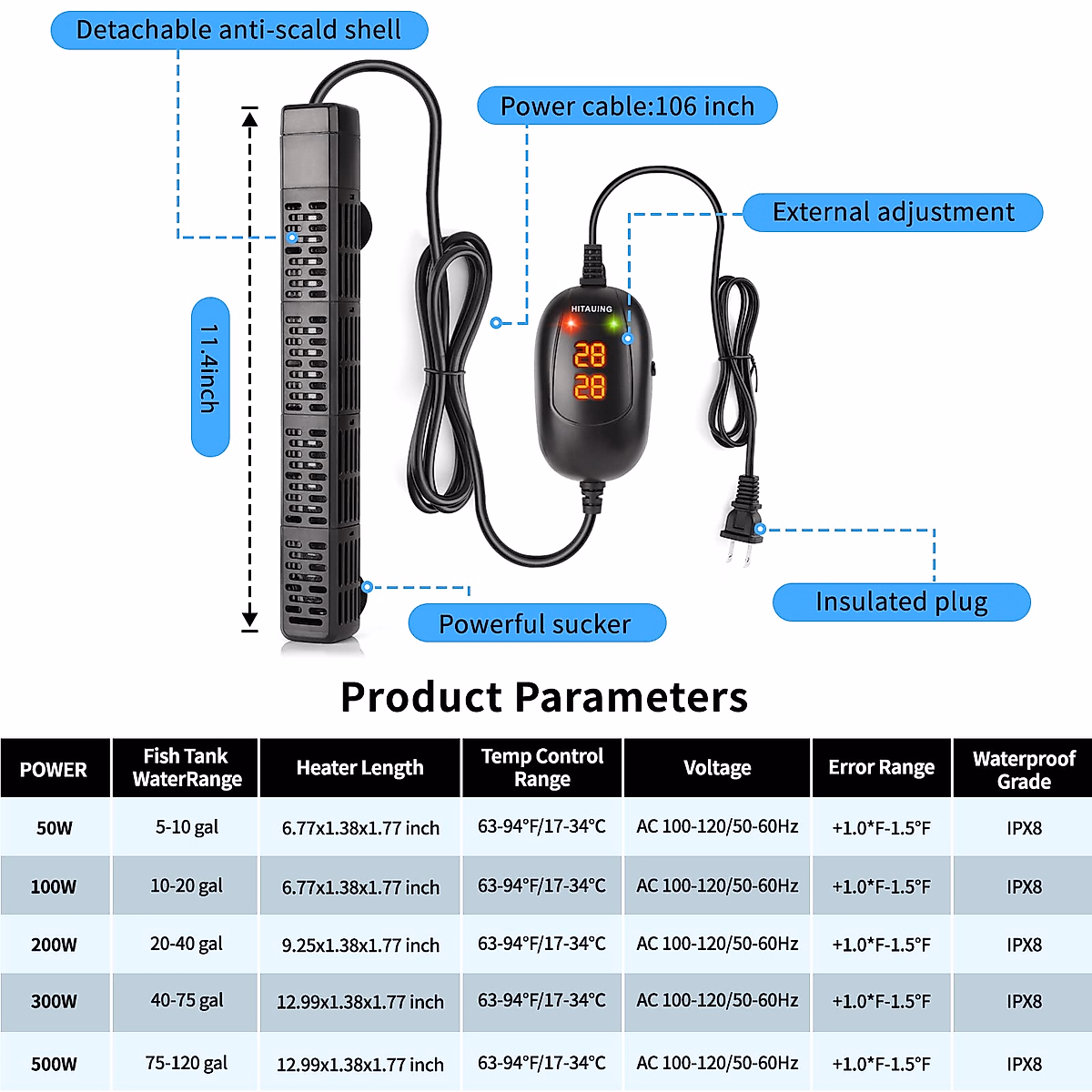 HiTauing Aquarium Heater, 50W/100W/200W/300W/500W Submersible Fish Tank Heater with Over-Temperature Protection and Automatic Power-Off When Leaving Water for Saltwater and Freshwater